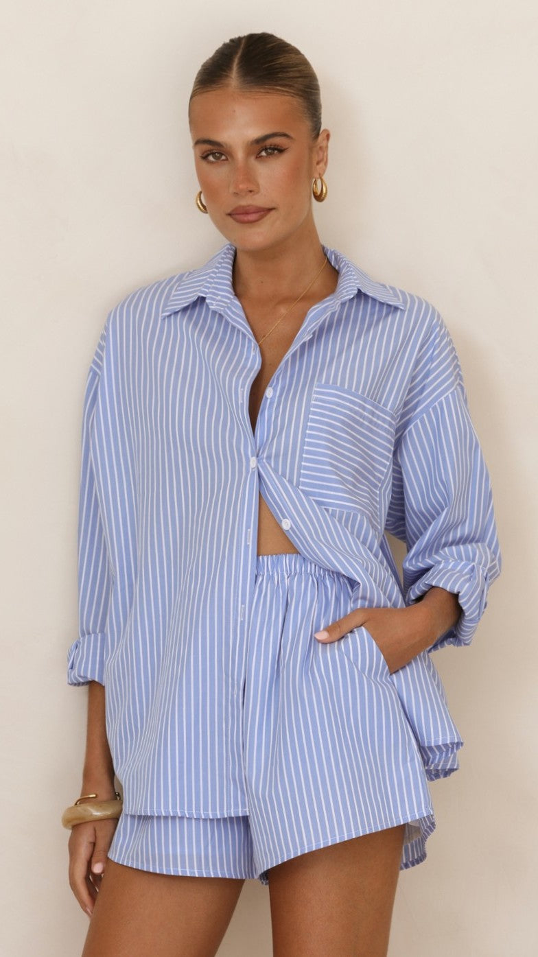 Elita Long Sleeve Button Up Shirt and Shorts Set - Blue / White Stripe ...