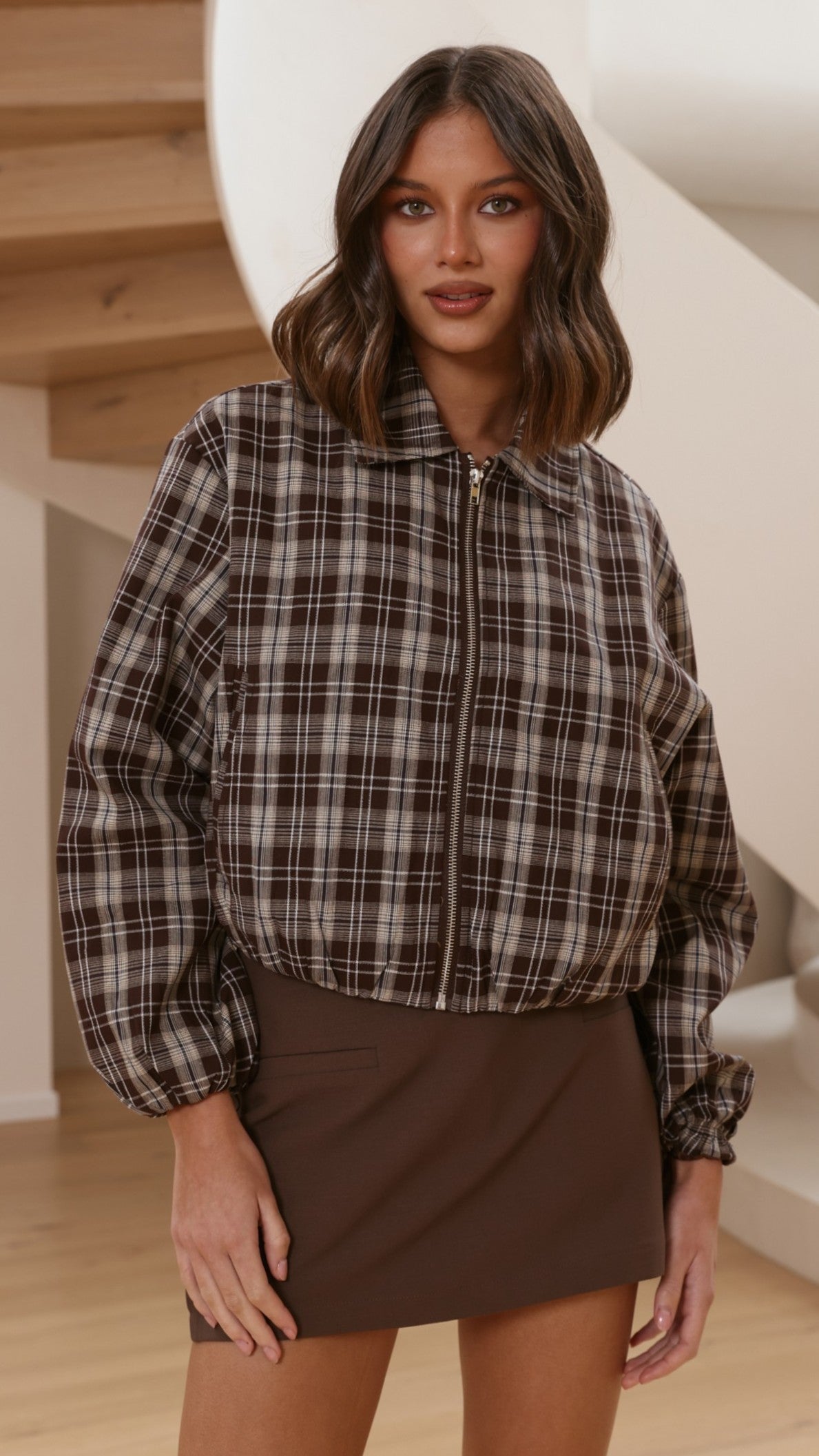 Brax Bomber Jacket - Choc/Beige Plaid - Buy Women's Jackets - Billy J