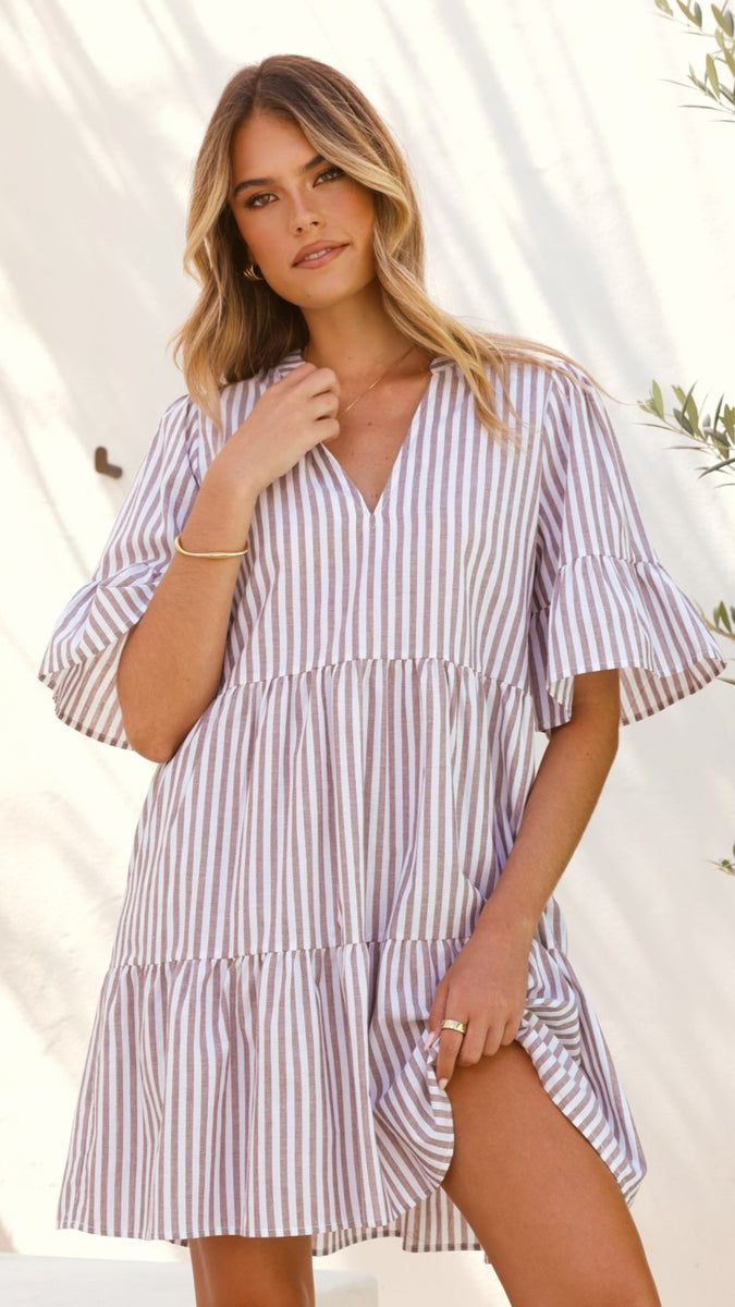 Tarnie Mini Dress - Brown Stripe - Bujy Women's Dresses - Billy J