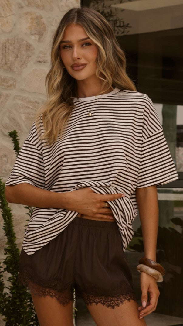 Zaina Stripe T-Shirt and Micro Lace Shorts - Chocolate/White - Buy ...