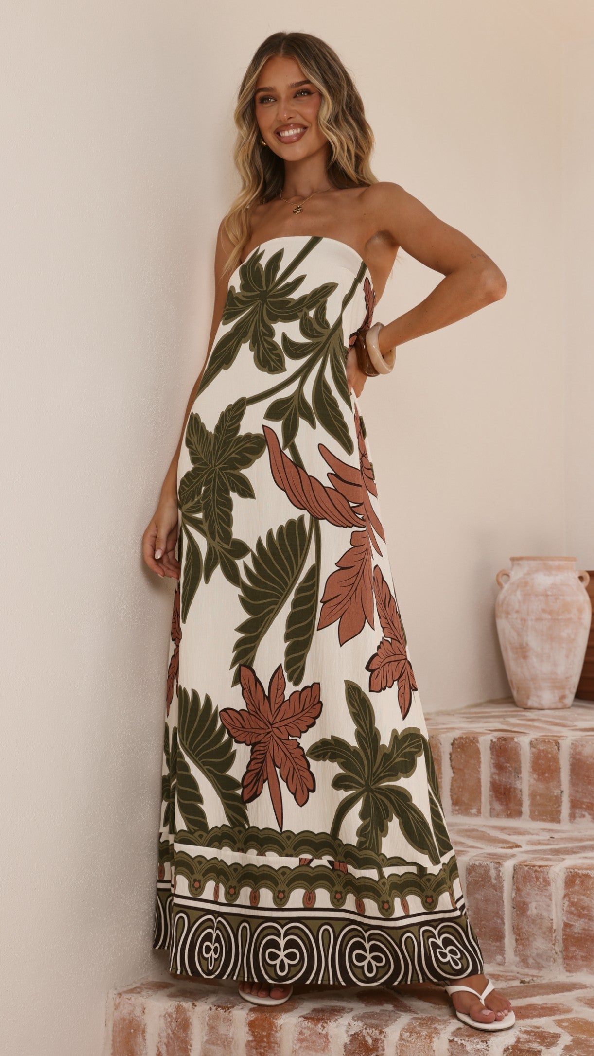 Connie Maxi Dress - Green/Beige Palm - Buy Women's Dresses - Billy J