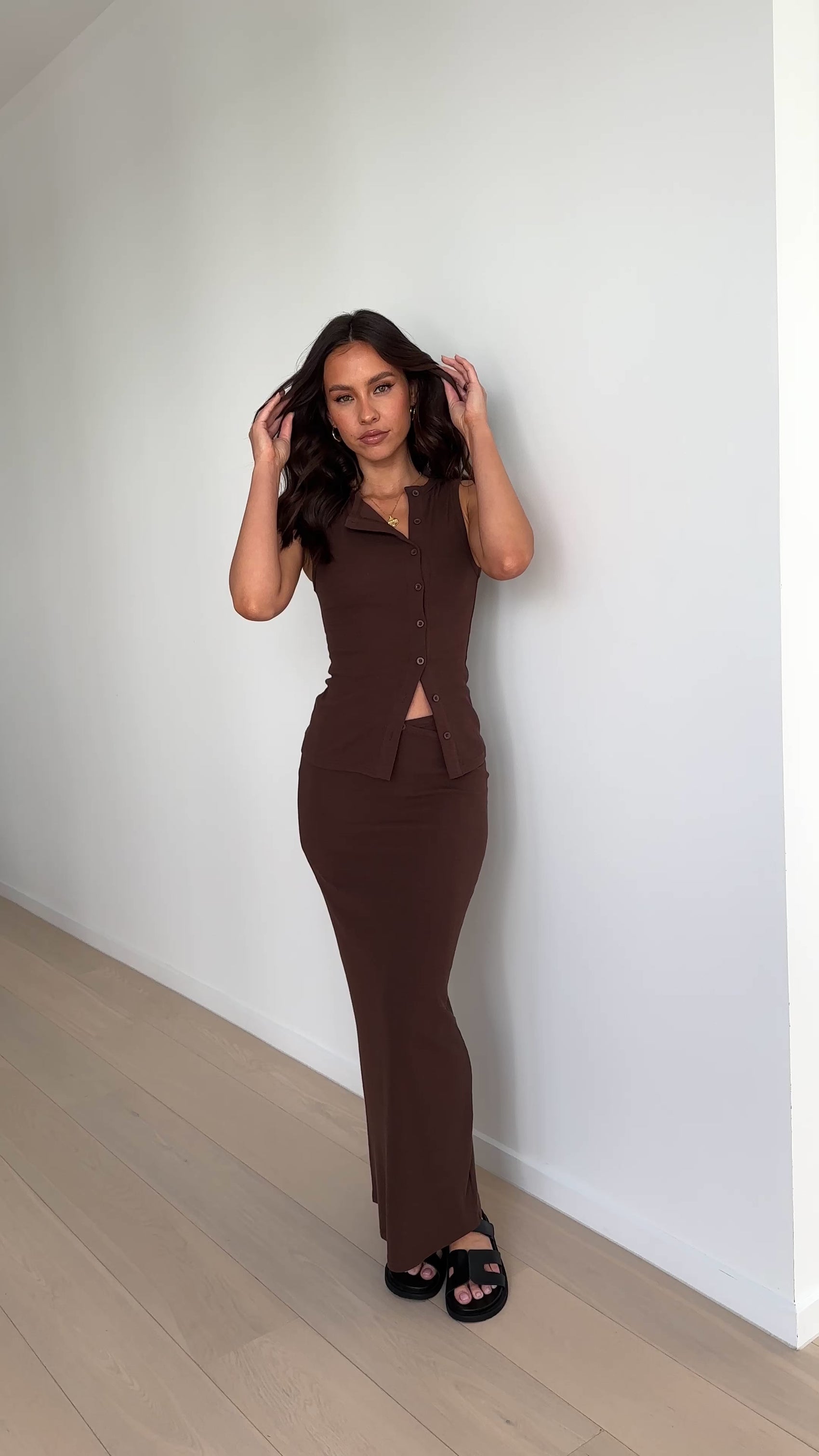 Rahela Button Top and Maxi Skirt Set - Chocolate - Buy Women's Sets - Billy J